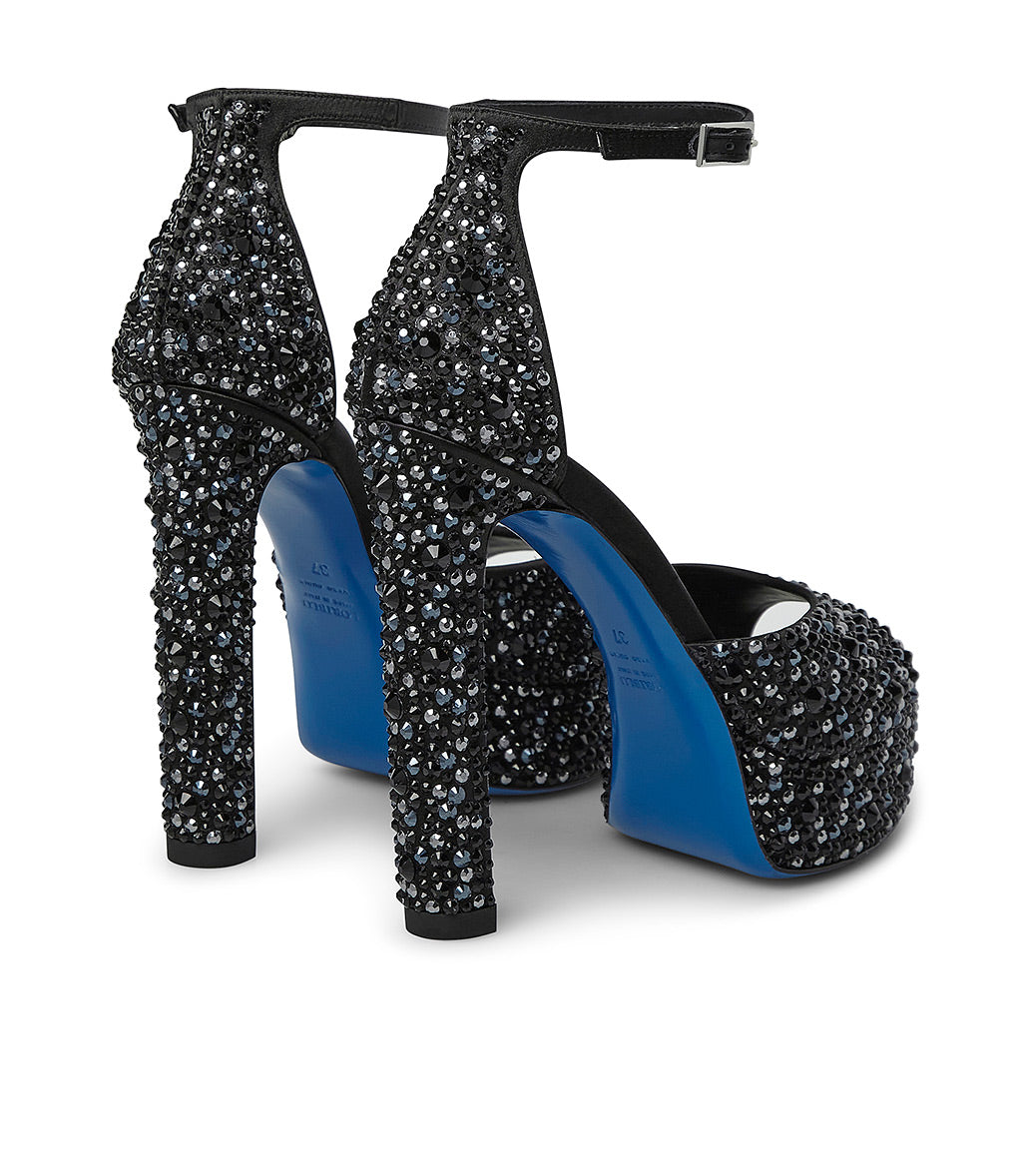 Crystals black satin platfiorm sandals | Loriblu